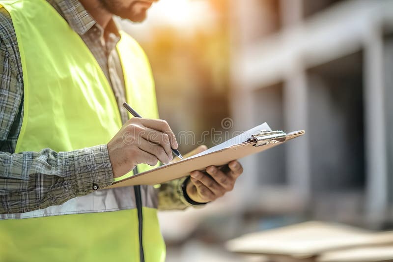 Construction Worker in Safety Vest Writing on Clipboard, Site ...