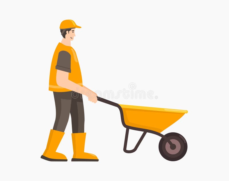 Construction Worker in Safety Working Uniform Pushing Empty Wheelbarrow ...