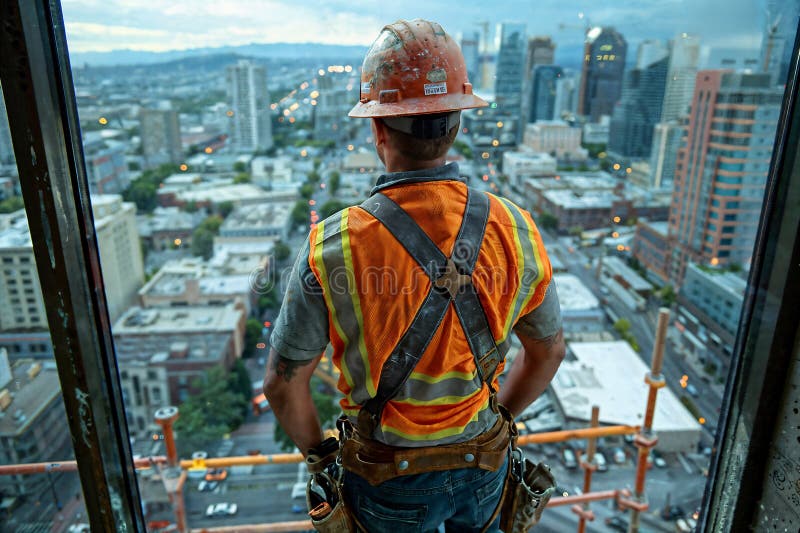 Construction Worker on Scaffold Overlooking City Skyline Stock ...
