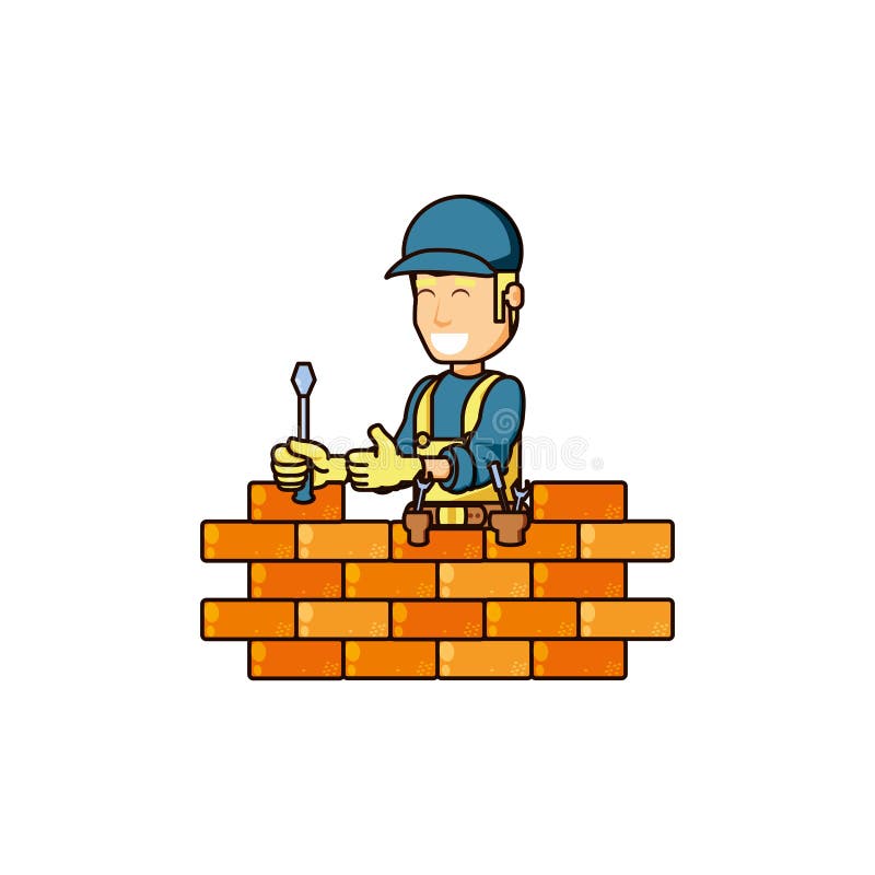 Construction Worker with Screwdriver Tool and Wall Brick Stock Vector - Illustration of building ...