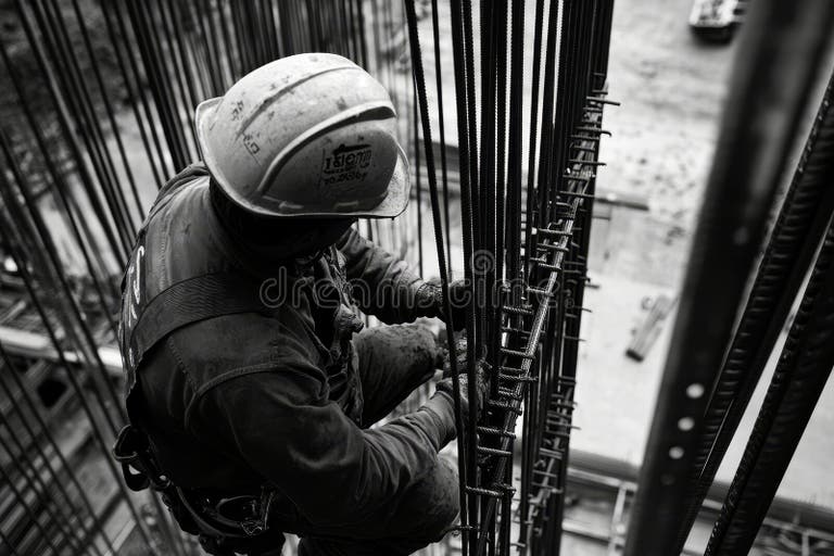 Construction Worker Securing Rebar on High Rise Project, Symbolizing ...