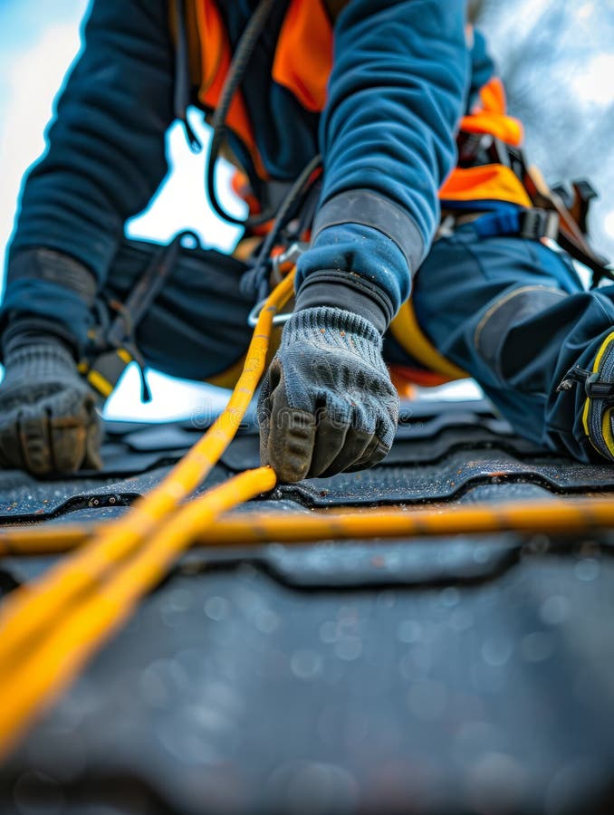 A Construction Worker Securing Safety Gear on a Rooftop. Stock Image ...