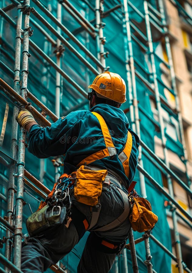 Construction Worker Securing Scaffolding, Ensuring Site Safety ...