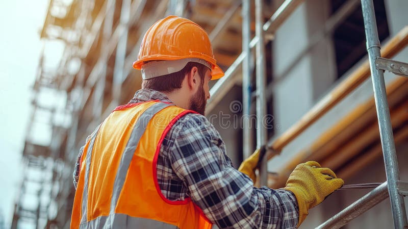 Construction Worker Securing Scaffolding, Ensuring Site Safety ...