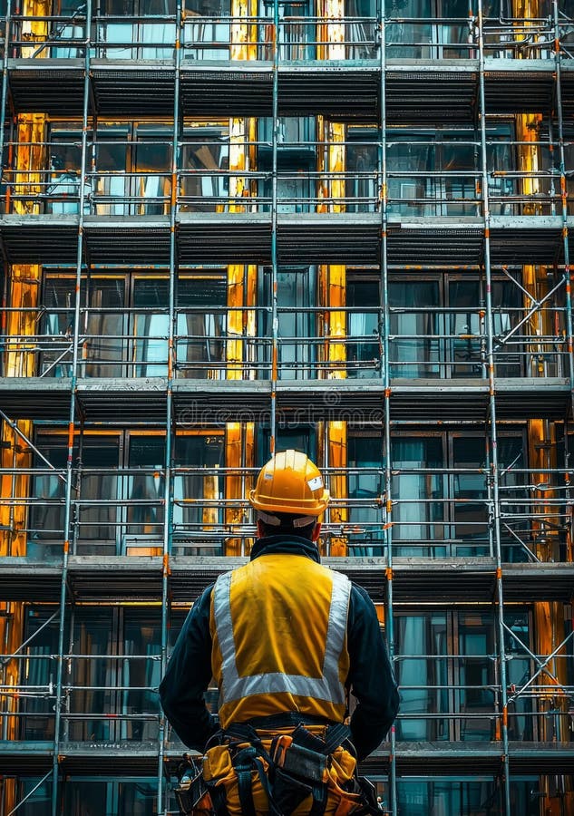 Construction Worker Securing Scaffolding, Ensuring Site Safety ...