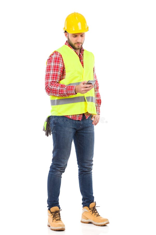 Construction Worker Sending a Text Message Stock Photo - Image of male ...