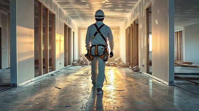 Construction Worker Showcases Progress of Building Renovation ...