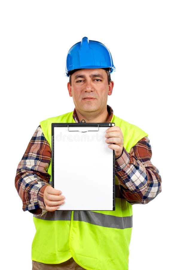 Construction Worker Showing A Blank Notebook Stock Photo - Image of ...