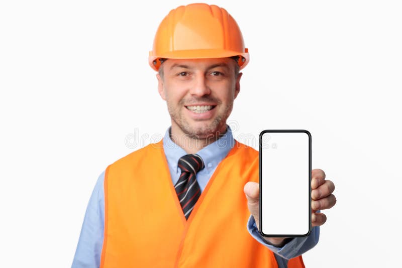 Construction Worker Showing Cellphone Screen on White Studio Background ...