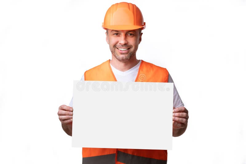 Construction Worker Showing Empty Poster Board Standing on White ...