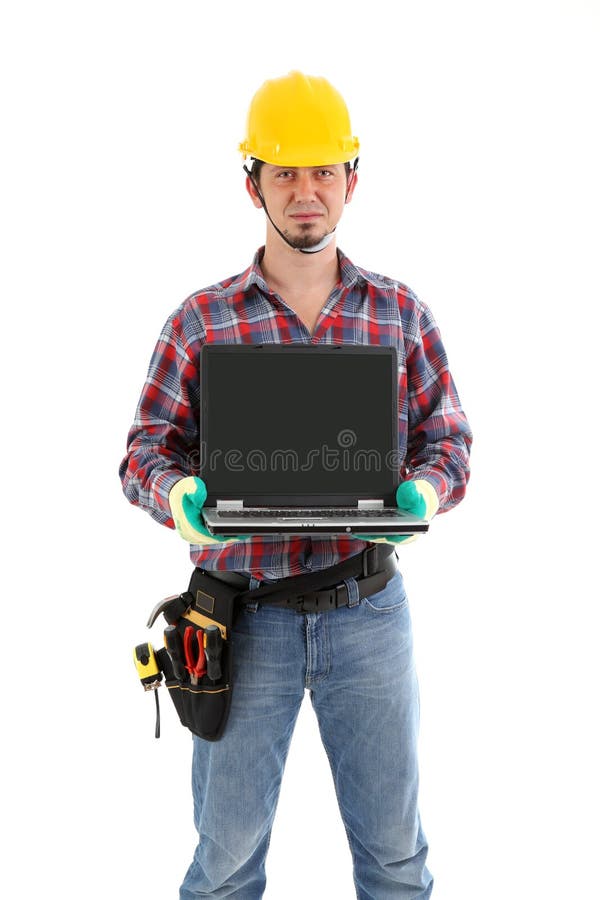 Construction Worker Showing Laptop Stock Photo - Image of industry ...