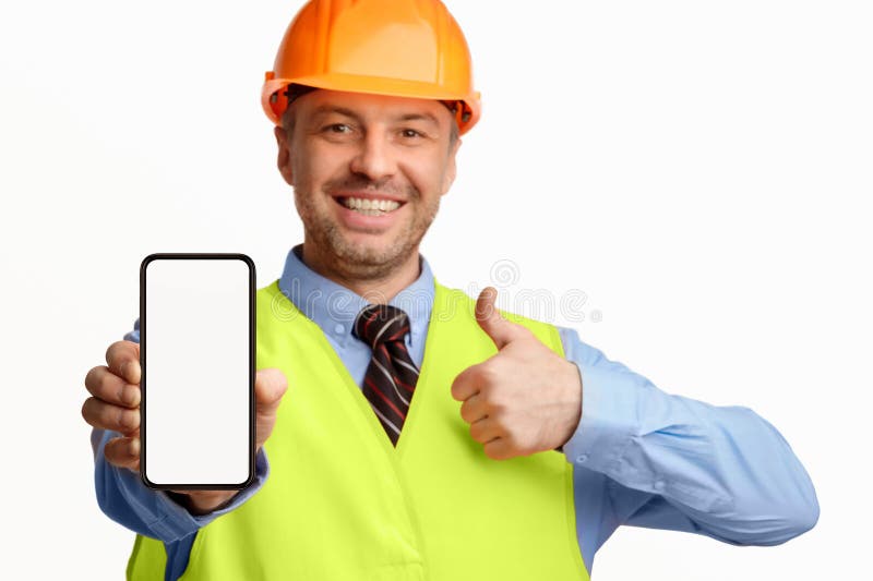 Construction Worker Showing Smartphone Empty Screen Gesturing Thumbs-Up ...