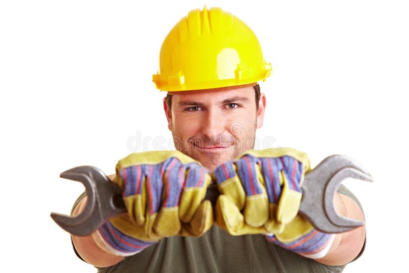 Construction Worker Shows Double Spanner Stock Image - Image of hold ...