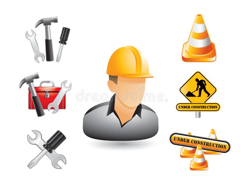 Construction Worker, Signs, and Tools Stock Vector - Illustration of ...