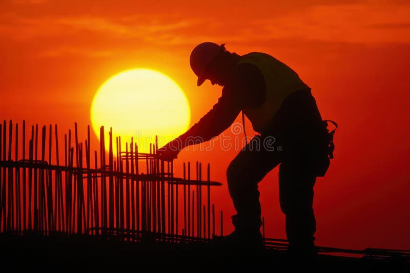 Construction Worker Silhouette Against Dramatic Sunset with Steel ...