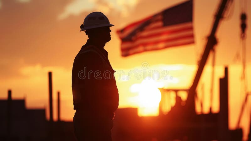 Construction Worker Silhouette Against Sunset, American Flag, Labor Day ...