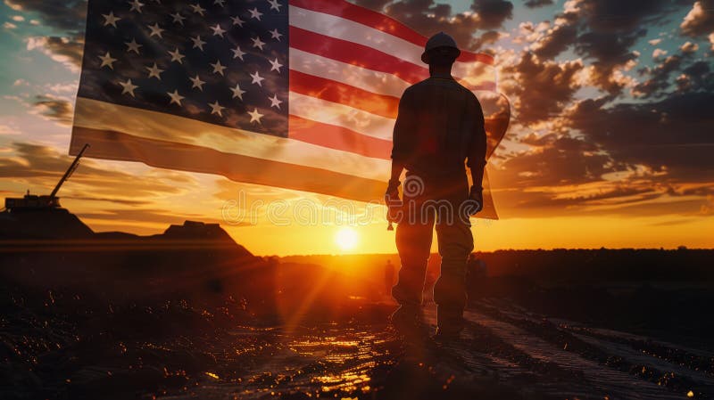 Construction Worker Silhouette Against Sunset, American Flag, Labor Day ...