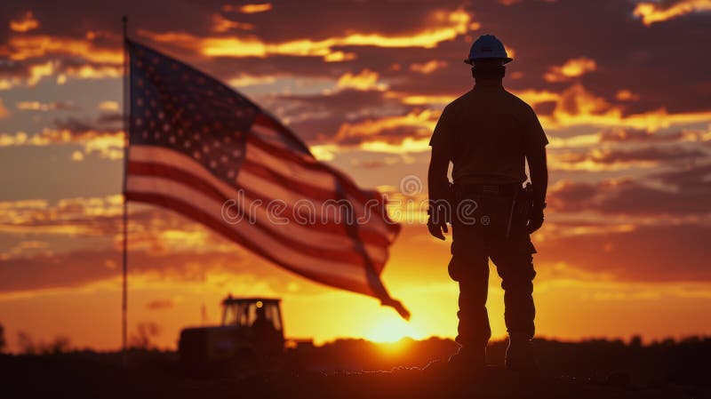 Construction Worker Silhouette Against Sunset, American Flag, Labor Day ...