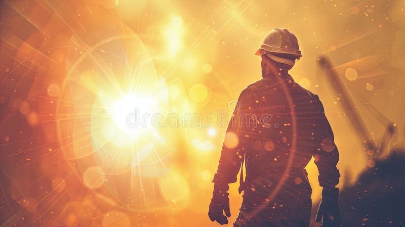 A Construction Worker in Silhouette, Standing Against a Bright and ...