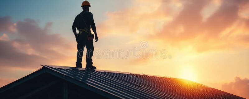 Construction Worker Silhouette Sunset Rooftop Building Industry Stock ...