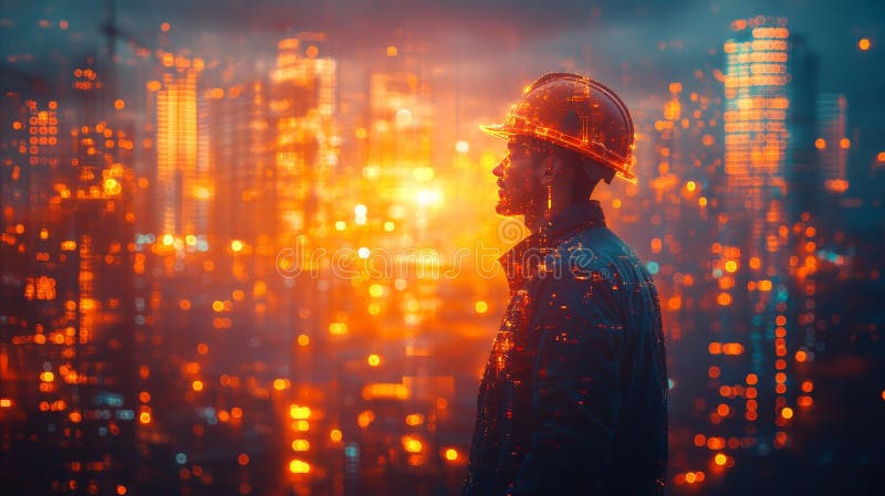Construction Worker Silhouetted Against a Futuristic City at Night ...