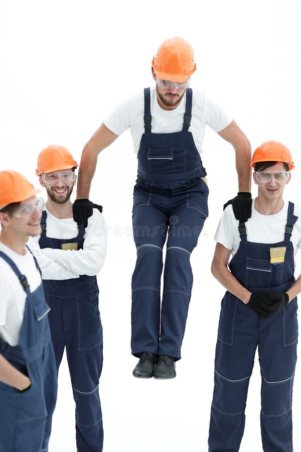 Construction Worker Sitting on the Shoulders of Colleagues Stock Image ...