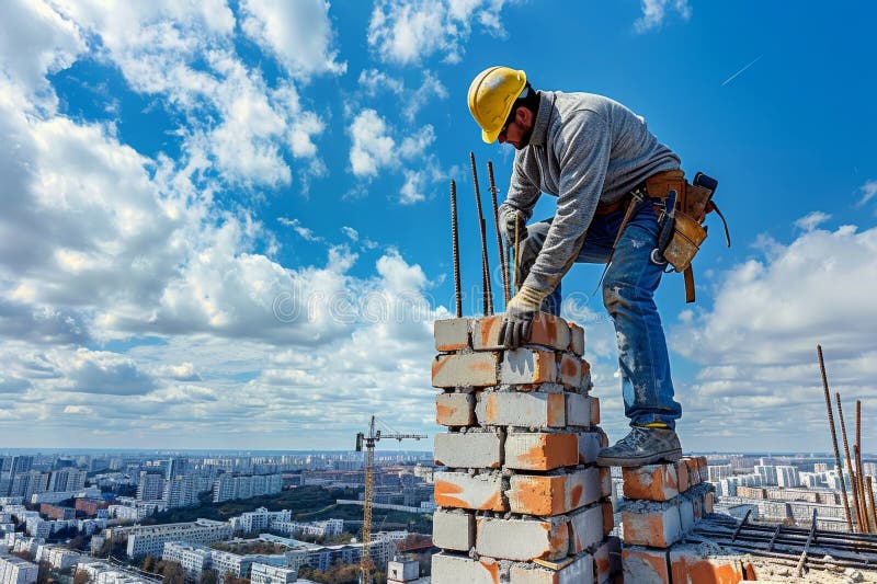 Construction Worker Skillfully Laying Bricks in a Brick Wall Under ...
