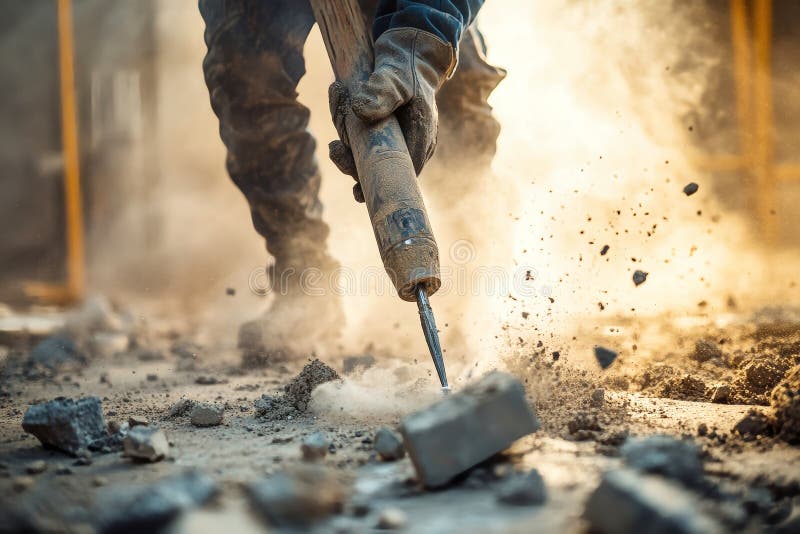Construction Worker Breaking Concrete with Jackhammer in a Dust-filled ...