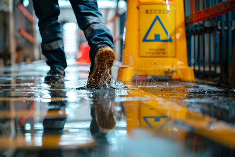 Construction Worker Slipping on a Wet Floor with a Bright Yellow ...