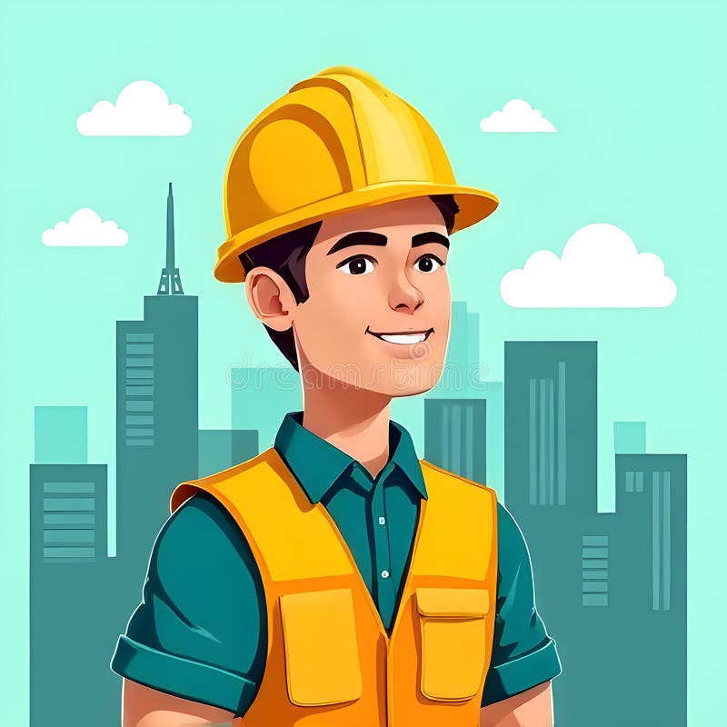 Construction Worker Smiling in Front of a Cityscape Stock Illustration ...