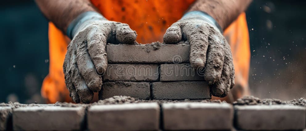Construction Worker Stacking Bricks with Dust and Sparks Stock ...