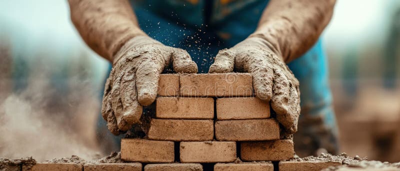 Construction Worker Stacking Bricks with Dust and Sparks Stock ...