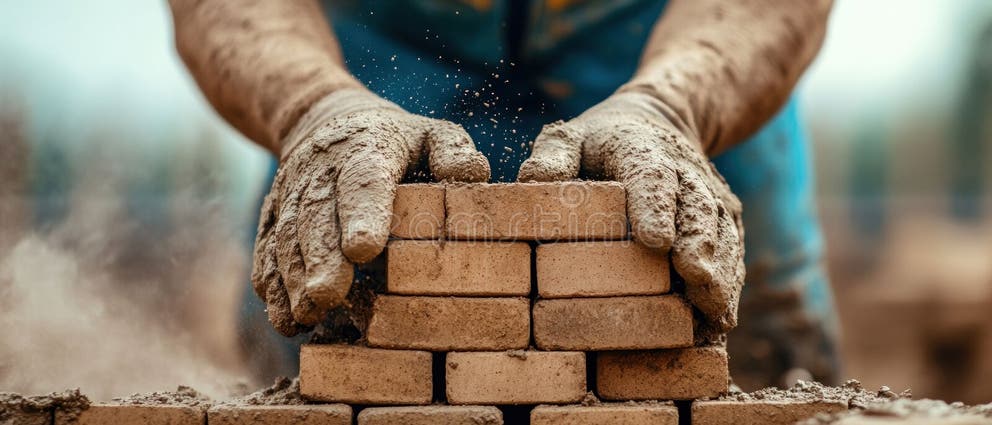 Construction Worker Stacking Bricks with Dust and Sparks Stock ...
