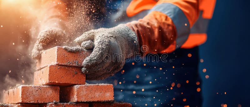 Construction Worker Stacking Bricks with Dust and Sparks Stock ...
