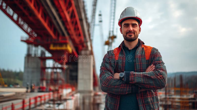 Construction Worker Standing in Front of Bridge Under Construction ...