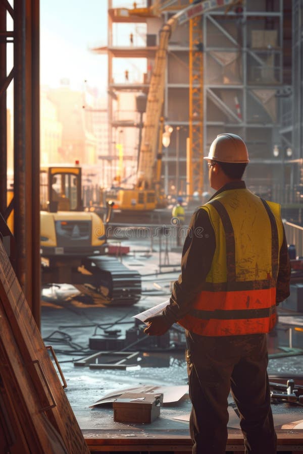 Construction Worker Standing in Front of Construction Site. Generative ...