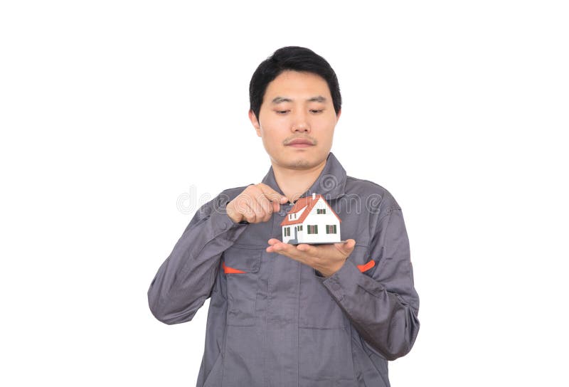 Construction Worker Standing in Front of White Background Pointing at ...