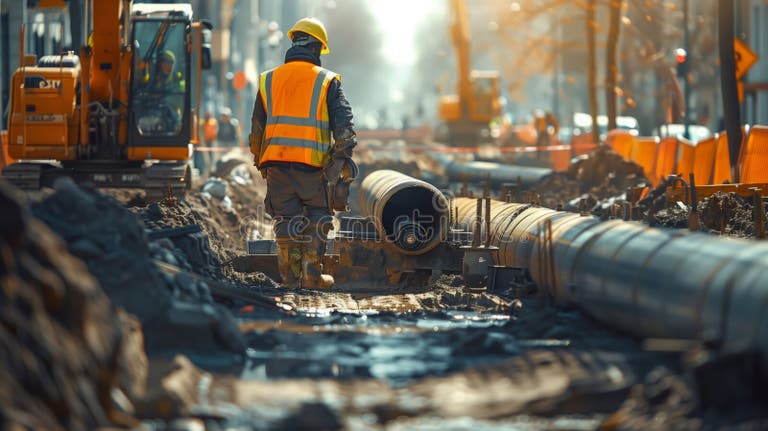 Construction Worker Standing Next To Large Pipe Stock Image - Image of ...