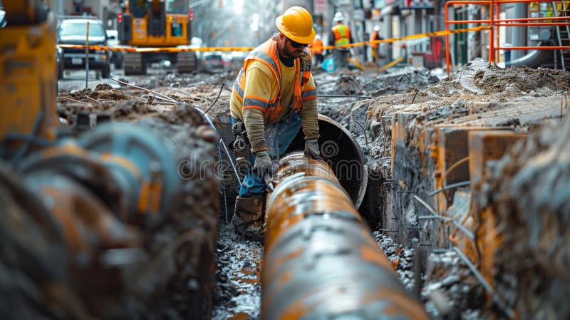 Construction Worker Standing Next To Large Pipe Stock Image - Image of ...