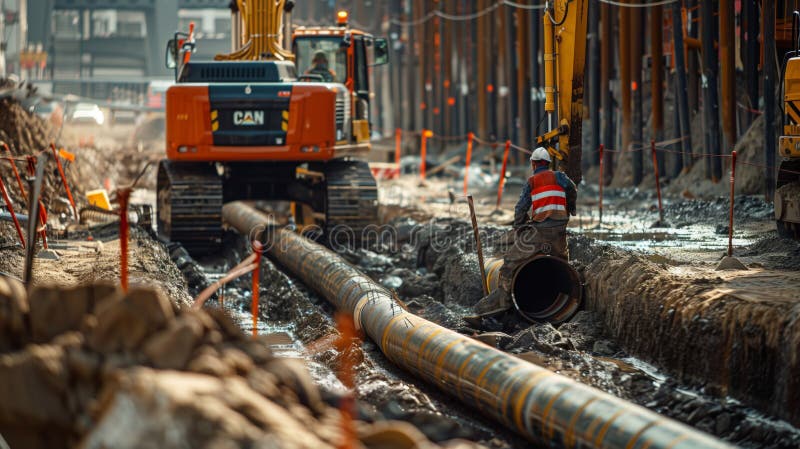 Construction Worker Standing Next To Large Pipe Stock Photo - Image of ...