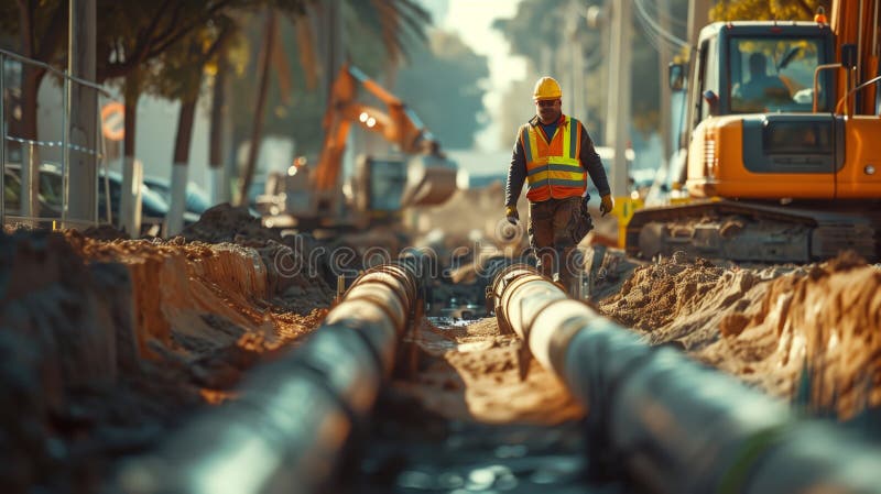Construction Worker Standing Next To Large Pipe Stock Illustration ...