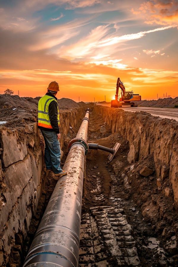A Construction Worker Standing Next To a Large Pipe on a Construction ...