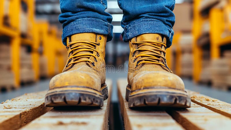 Construction Worker Standing with Protective Yellow Leather Work Boots ...