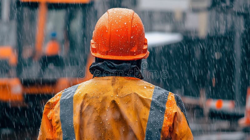 Construction Worker Standing in the Rain with a Hard Hat Stock ...