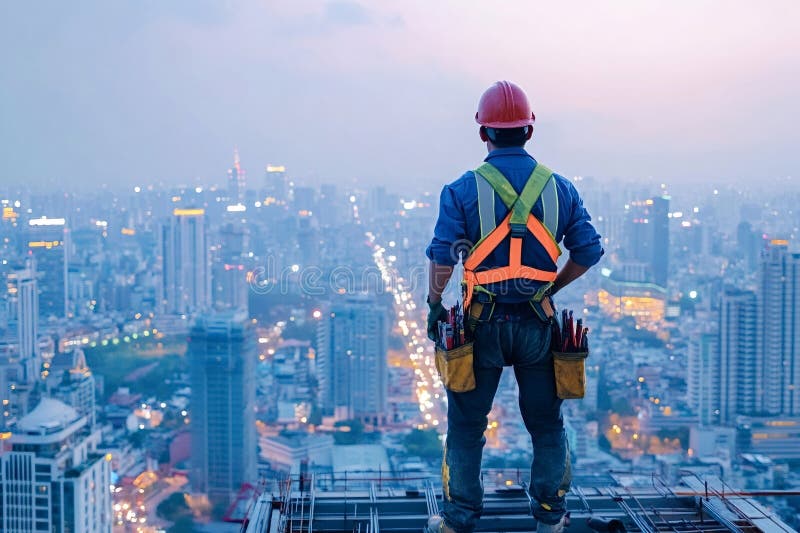 Construction Worker Standing on Rooftop Watching Cityscape at Sunset ...