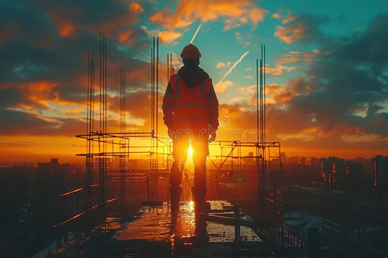 A Construction Worker Standing on a Site at Sunset, Silhouetted Against ...
