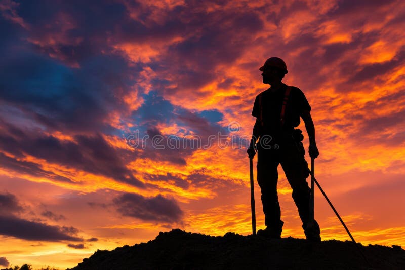 Construction Worker Standing with Tools at Sunset Against a Dramatic ...