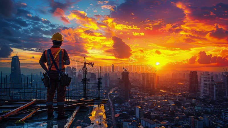 Construction Worker Standing on Top of Building Stock Image - Image of ...
