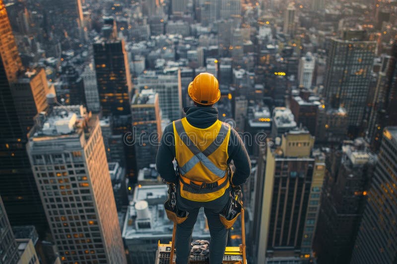 Construction Worker Standing on Top of Skyscraper Overlooking Cityscape ...