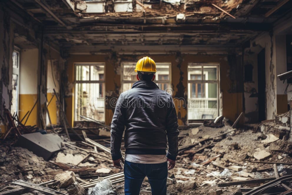 Construction Worker Standing in Unfinished Room Under Daylight ...